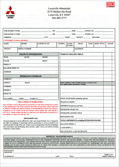 Buyers Order – Louisville Mitsubishi – ADSCO Companies