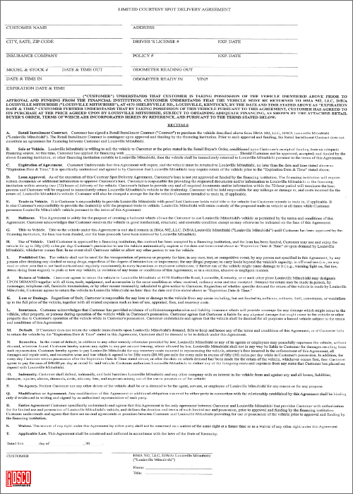 Spot Delivery Form – HMA 502 dba Louisville Mitsubishi – ADSCO Companies