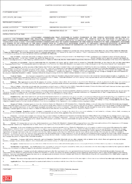 Spot Delivery Form – HMA 812 dba Clarksville Mitsubishi – ADSCO Companies