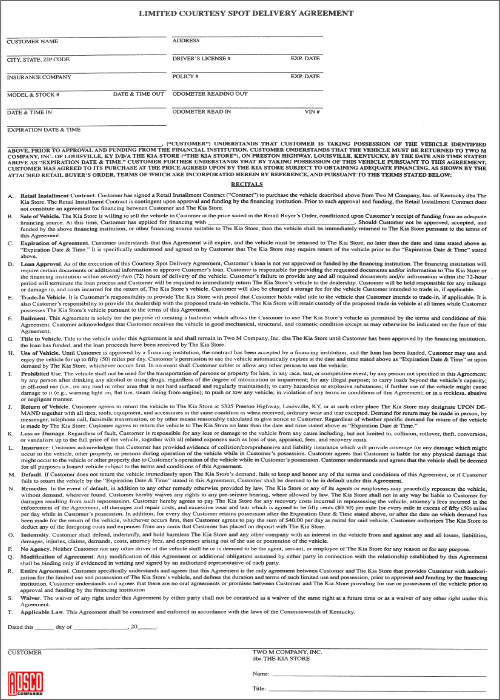 Spot Delivery Form – Two M Company dba The Kia Store – ADSCO Companies